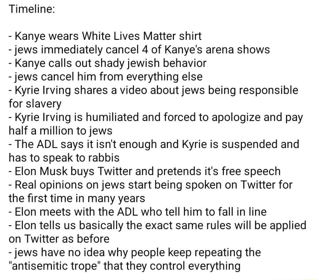 Timeline: - Kanye wears White Lives Matter shirt - jews immediately ...