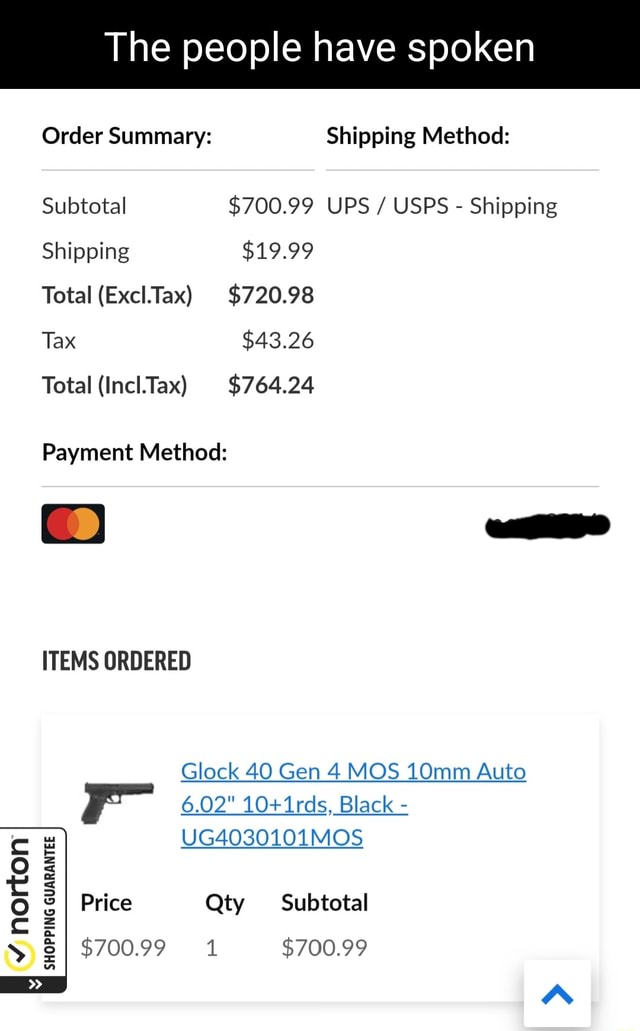 The people have spoken Order Summary: Shipping Method: Subtotal $700.99 ...