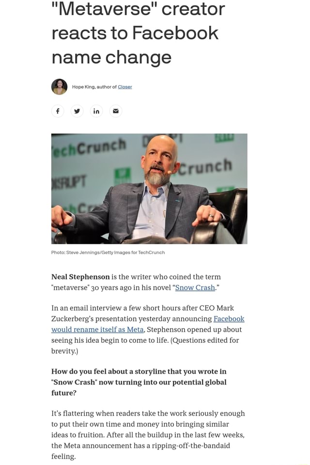 "Metaverse" creator reacts to Facebook name change Hope King, author of Closer ff Photo: Steve ...