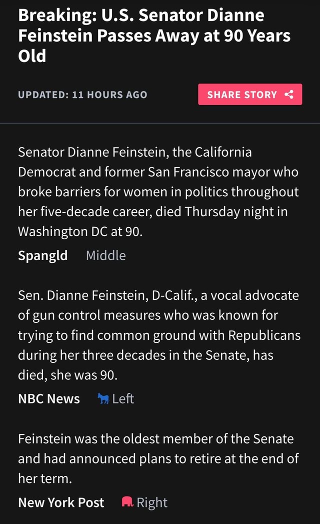 Breaking: U.S. Senator Dianne Feinstein Passes Away at 90 Years Old ...