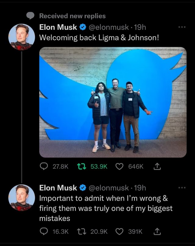 @ Received new replies Elon Musk @ @elonmusk Welcoming back Ligma ...