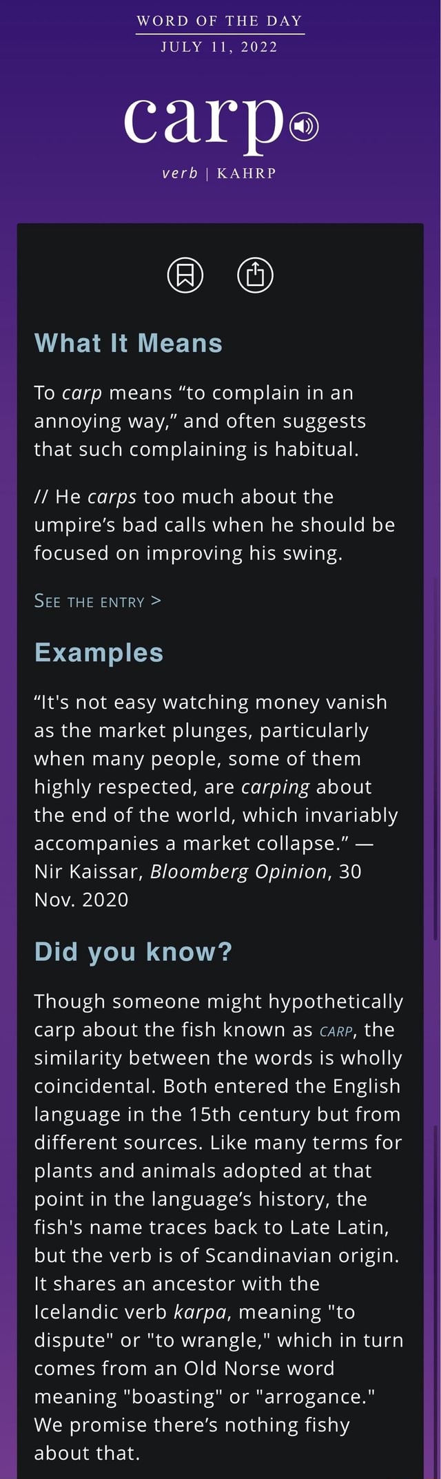 WORD OF THE DAY JULY 11, 2022 De verb I KAHRP What It Means To carp ...