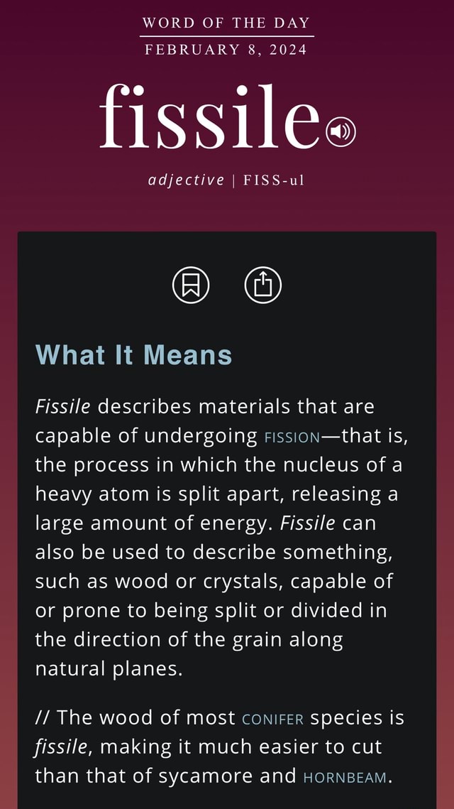 WORD OF THE DAY FEBRUARY 8, 2024 fissilee adjective I FISS-ul What It ...