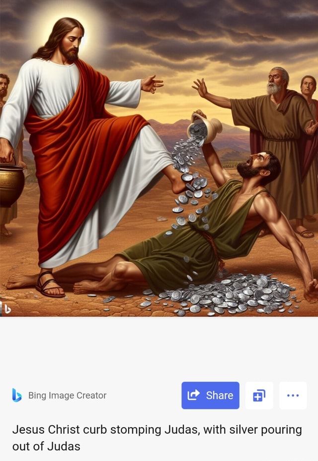 Bing Image Creator Share Jesus Christ curb stomping Judas, with silver ...