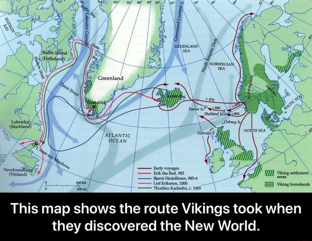 This map shows the route Vikings took when they discovered the New ...