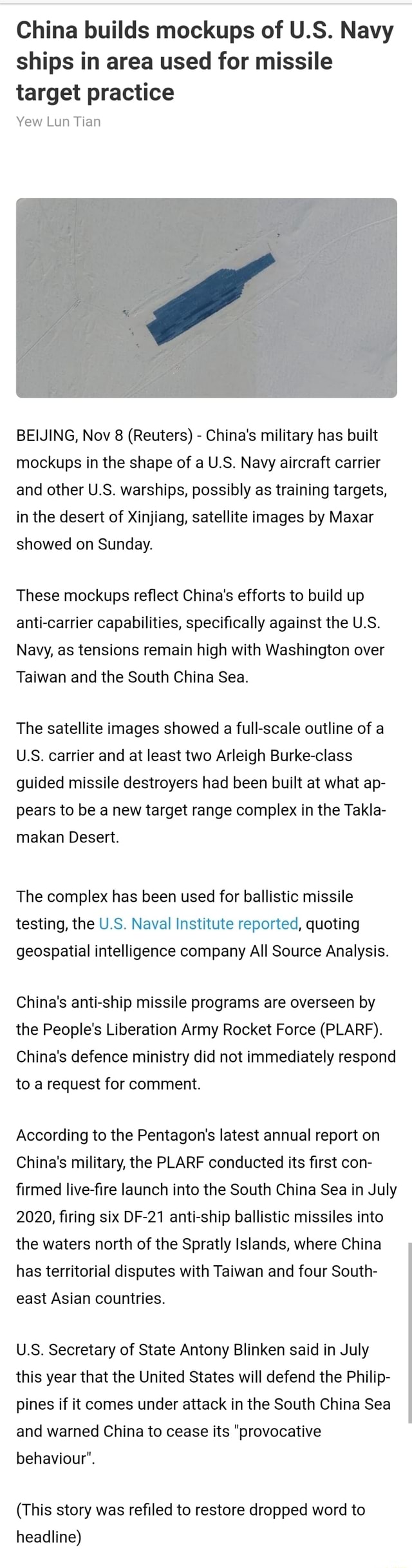 China builds mockups of U.S. Navy ships in area used for missile target ...