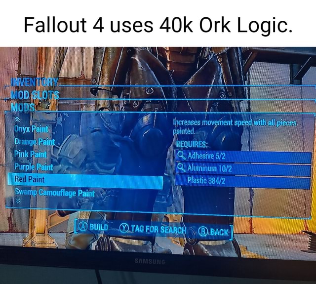 Fallout 4 uses Ork Logic. Adhesive Aluininum Plastic BUILD FOR Onyx Raint OrangeI Pal Pink Paint ...