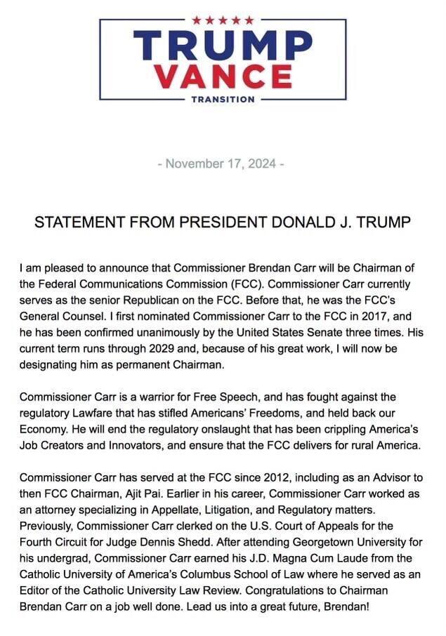 RUM VANCE TRANSITION November 17, STATEMENT FROM PRESIDENT DONALD J. TRUMP am pleased to ...