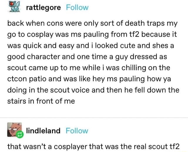 Back when cons were only sort of death traps my go to cosplay was ms ...