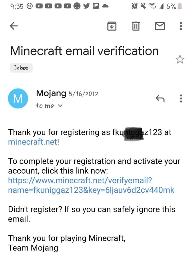 Minecraft email verification y Inbox Thank you for registering as fk ...