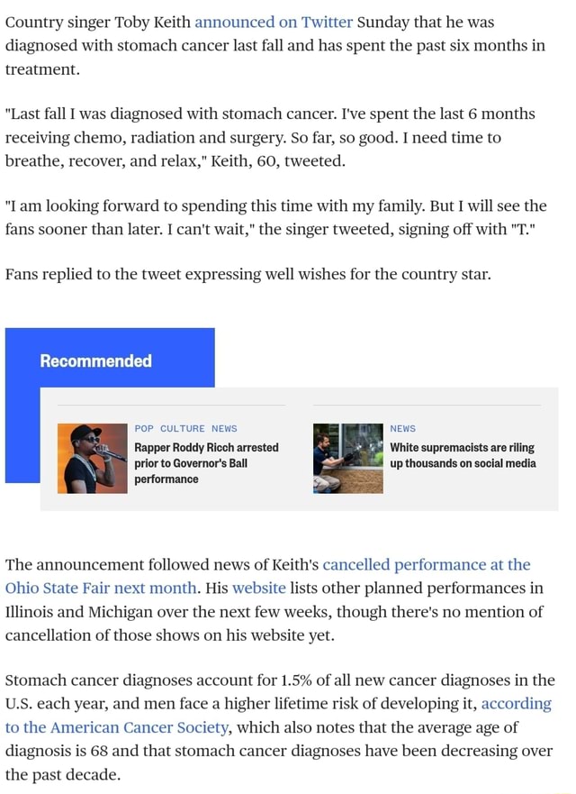Country singer Toby Keith diagnosed with stomach cancer - Country ...