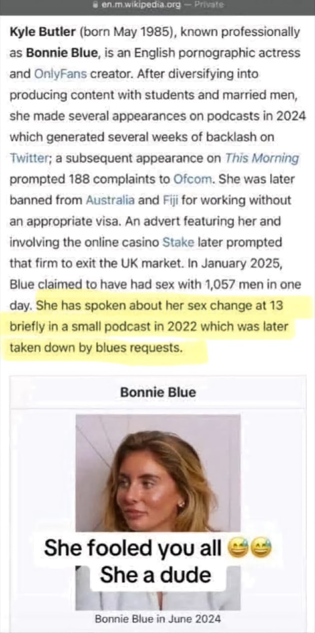 CAT Kyle Butler (born May 1985), known professionally as Bonnie Blue ...