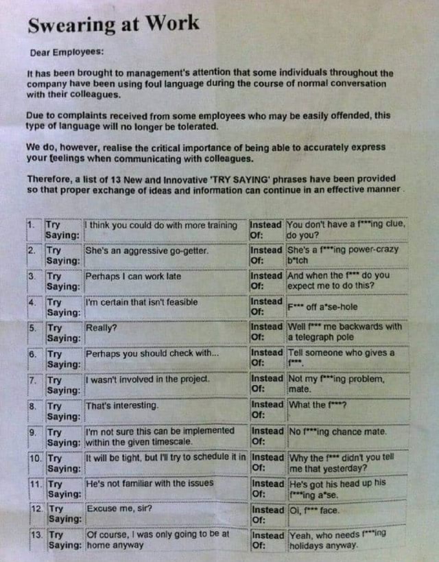 Swearing at Work Dear Employees: It has been brought to management's ...