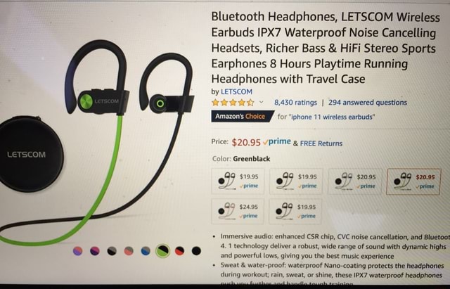 Bluetooth Headphones, LETSCOM Wireless Earbuds IPX7 Waterproof Noise ...