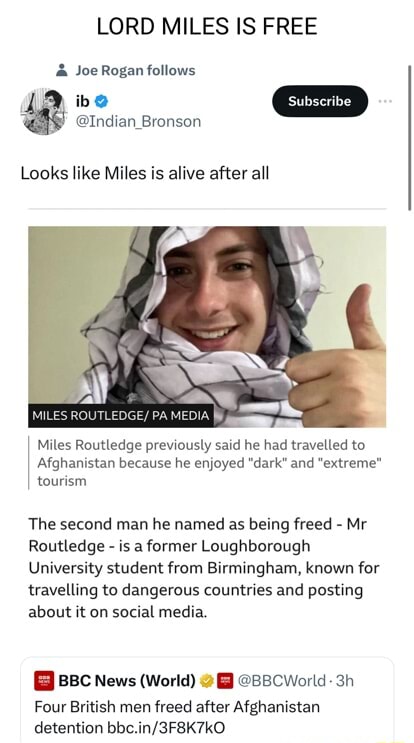 LORD MILES IS FREE Joe Rogan follows bo @Indian_ Bronson Looks like ...