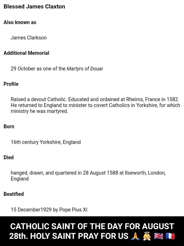 Blessed James Claxton Also known as James Clarkson Additional Memorial ...