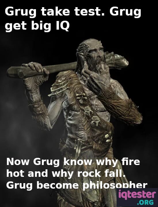 Grug take test. Grug get big IQ Now Grug Know why fire hot and why rock ...