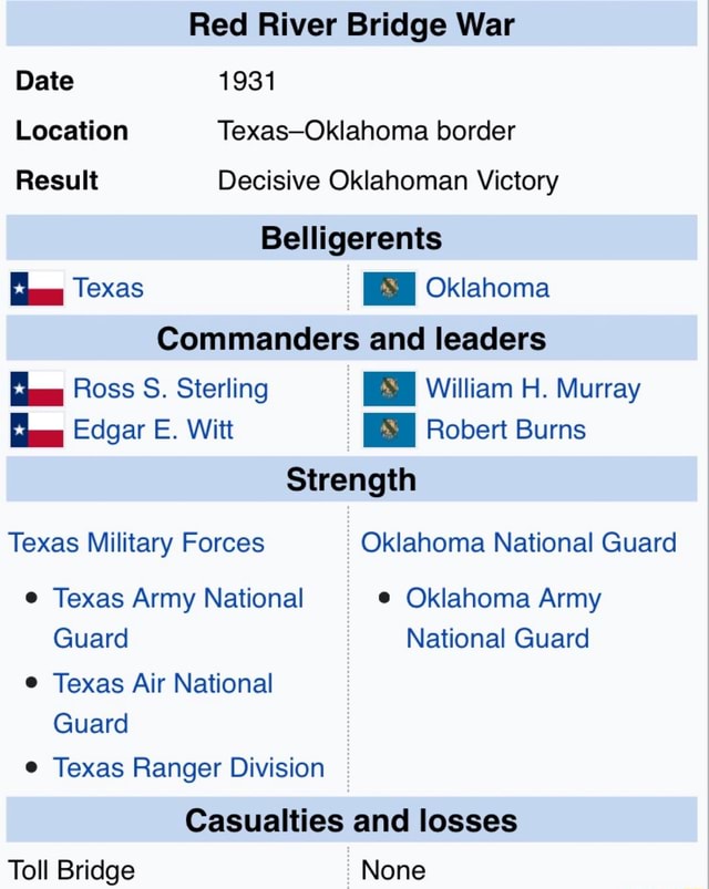 Red River Bridge War Date 1931 Location Texas-Oklahoma border Result ...