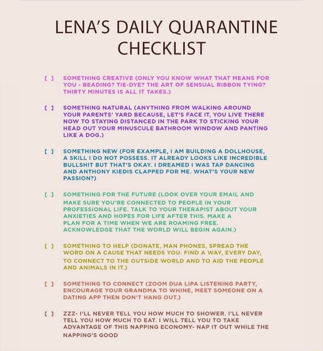 LENA'S DAILY QUARANTINE CHECKLIST SOMETHING CREATIVE (ONLY YOU KNOW ...