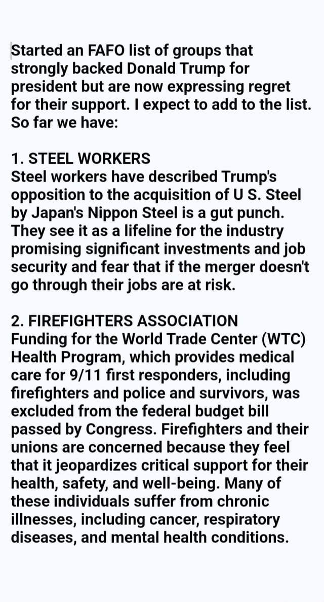 Started an FAFO list of groups that strongly backed Donald Trump for ...