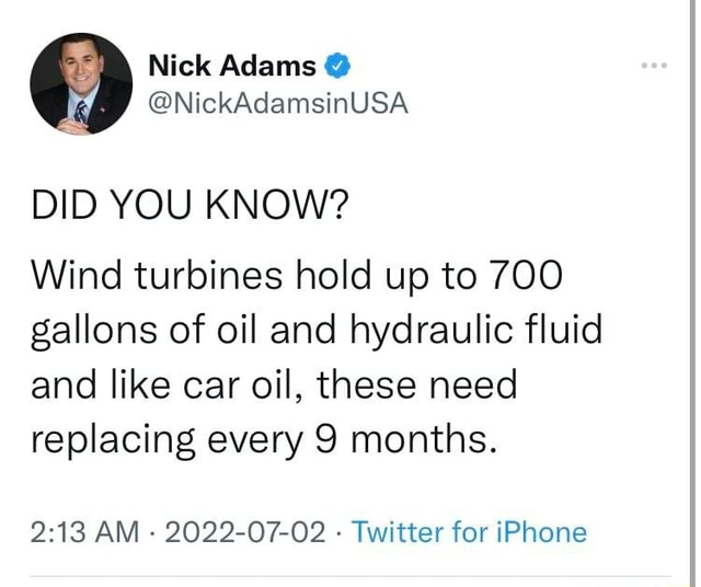 \ Nick Adams @NickAdamsinUSA DID YOU KNOW? Wind turbines hold up to 700 ...
