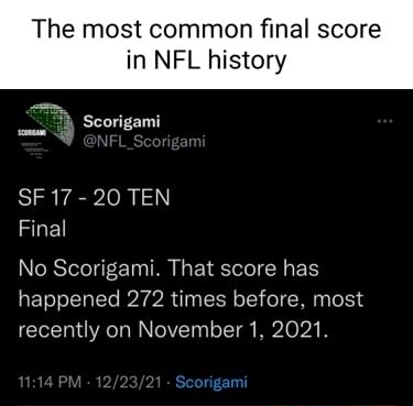 The most common final score in NFL history SF 17 - 20 TEN Final No ...