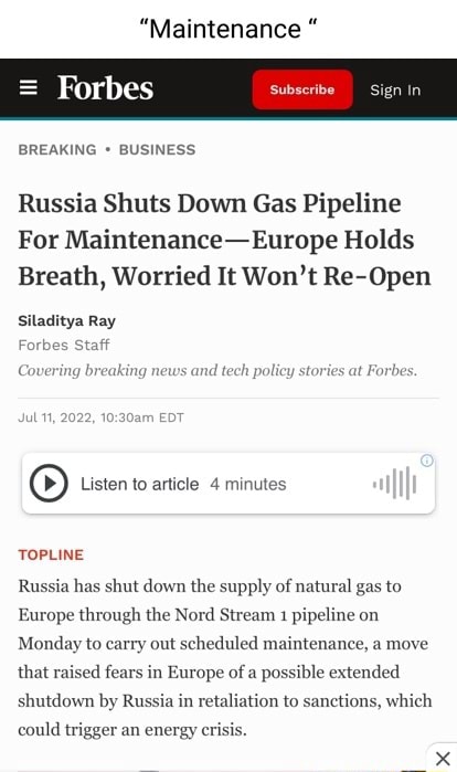 "Maintenance " 'bes Subscribe BREAKING BUSINESS Russia Shuts Down Gas ...