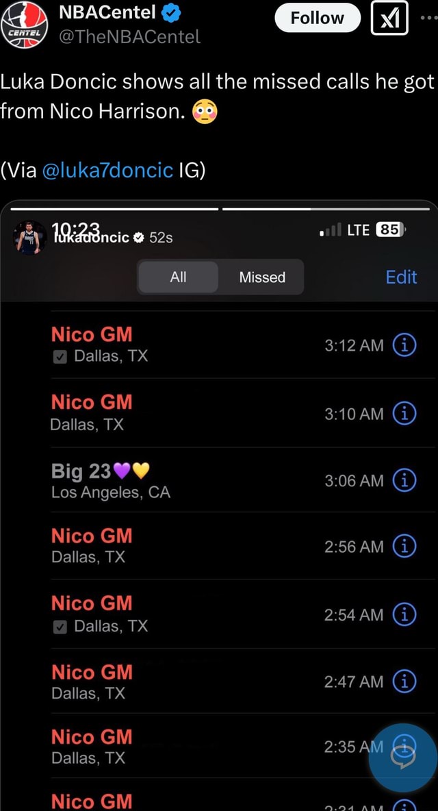 NBACentel Follow Luka Doncic shows all the missed calls he got from ...