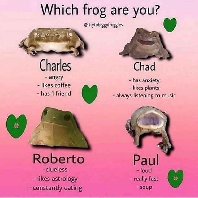 Which frog are you? xttytobrggytroggies Chad Charles angry has anxiety ...