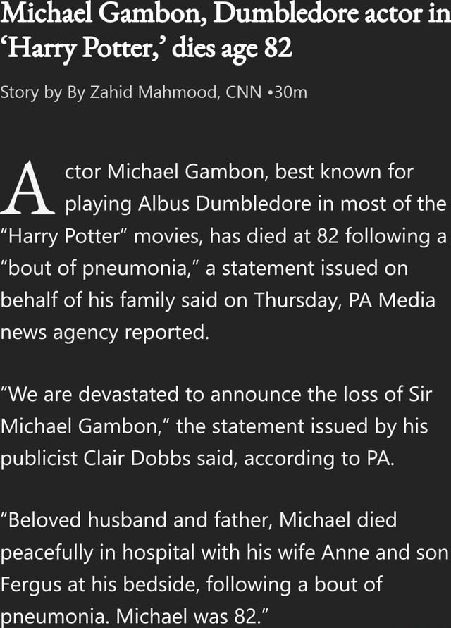 Michael Gambon, Dumbledore actor in 'Harry Potter,' dies age 82 Story ...