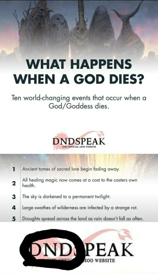 WHAT HAPPENS WHEN A GOD DIES? Ten world-changing events that occur when a dies. DNDSPEAK THE ...