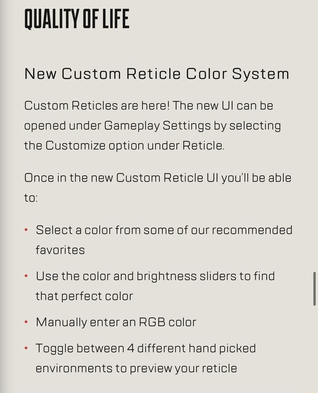 QUALITY OF LIFE New Custom Reticle Color System Custom Reticles are ...
