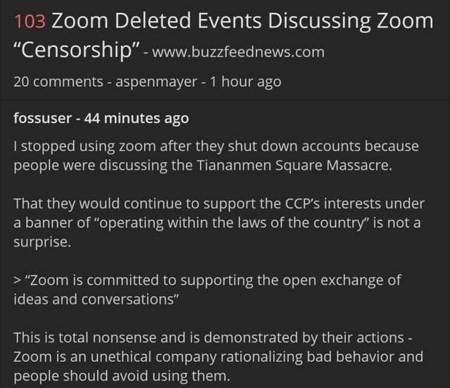 103 Zoom Deleted Events Discussing Zoom "Censorship" - www. 20 comments ...