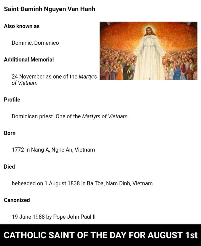 Saint Daminh Nguyen Van Hanh Also known as Dominic, Domenico Additional ...