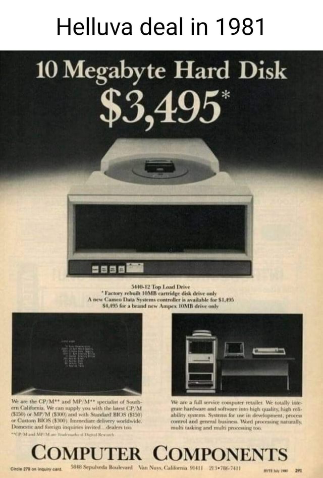 Helluva deal in 1981 10 Megabyte Hard Disk $3,495 only for $1495 SID A ...