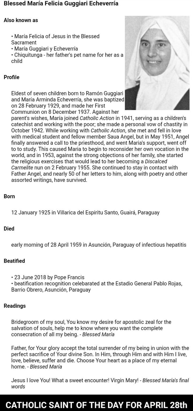 Blessed Maria Felicia Guggiari Echeverria Also known as Maria Felicia ...