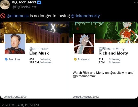 Big Tech Alert is no longer following @elonmusk Elon Musk ckandMorty Rick and Morty 211 ...