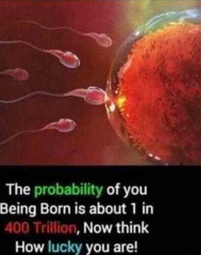 The probability of you Being Born is about 1 in , Now think How lucky ...