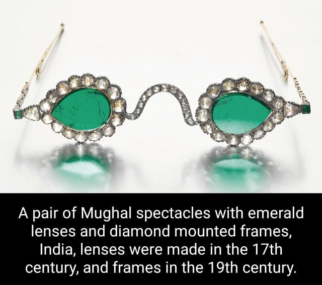 A pair of Mughal spectacles with emerald lenses and diamond mounted ...