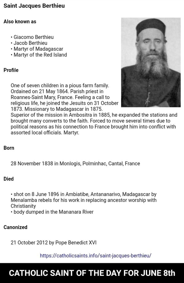 Saint Jacques Berthieu Also known as Giacomo Berthieu + Jacob Berthieu ...