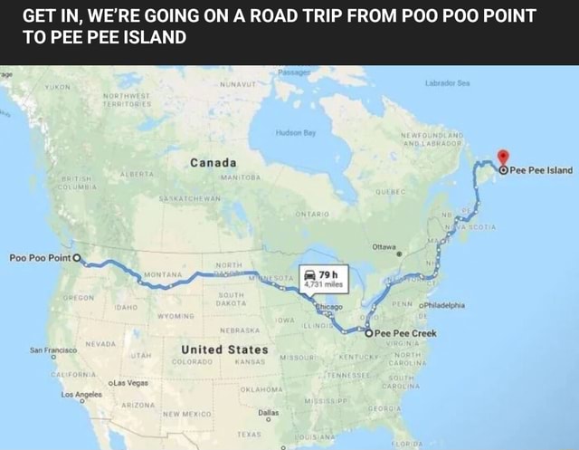GET IN, WE'RE GOING ON A ROAD TRIP FROM POO POO POINT TO PEE PEE ISLAND ...