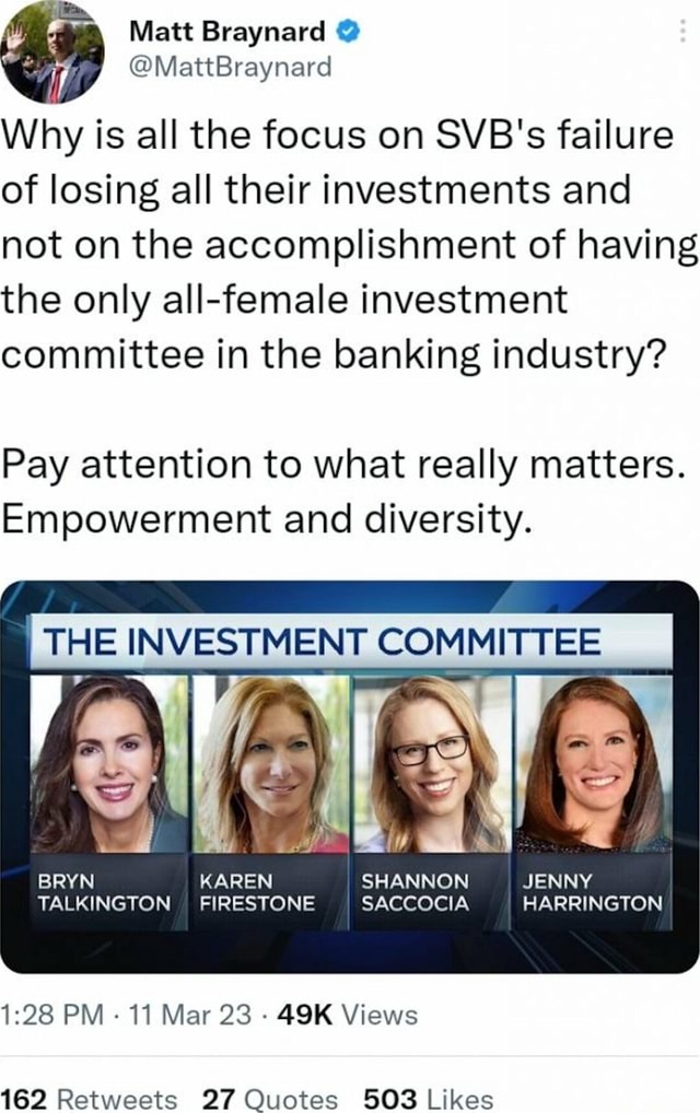 Matt Braynard @ if @MattBraynard Why is all the focus on SVB's failure of losing all their ...