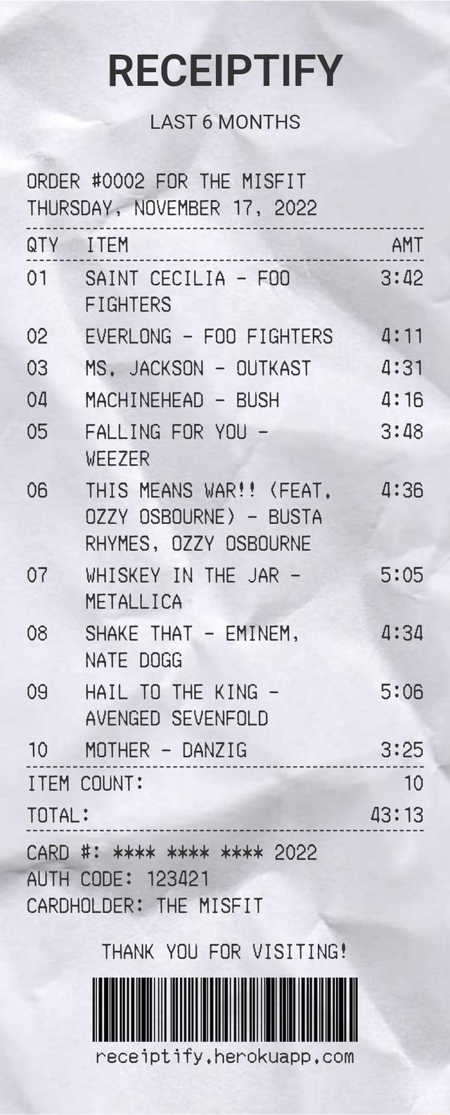 RECEIPTIFY LAST 6 MONTHS ORDER #0002 FOR THE MISFIT THURSDAY; NOVEMBER ...