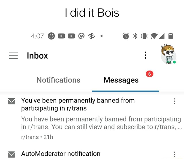 Inbox 407 Notifications Messages You've been permanently banned from ...