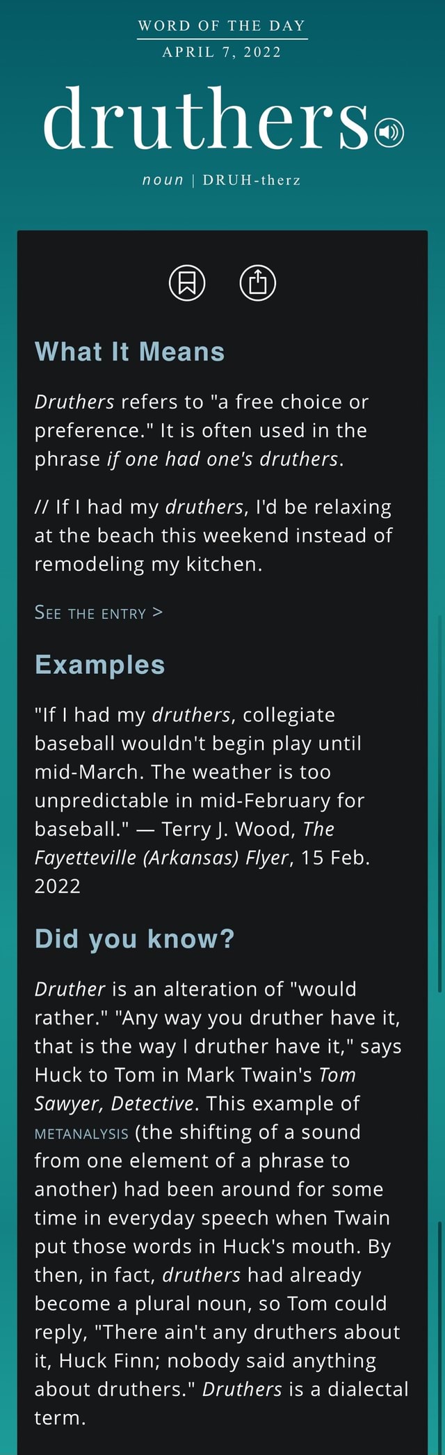 WORD OF THE DAY APRIL 7, 2022 druthers" noun I DRUH-therz What It Means ...