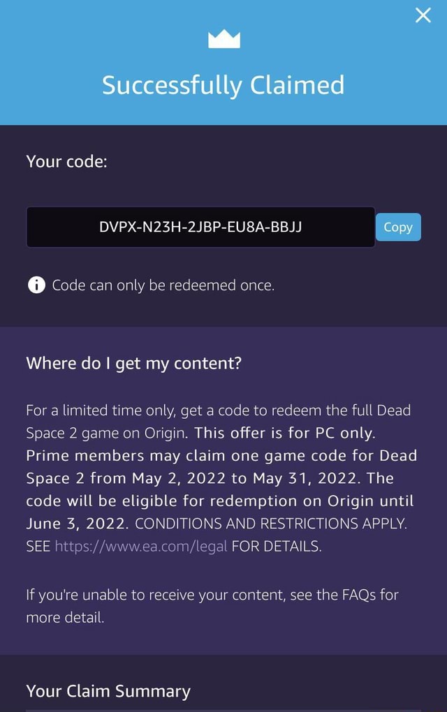 Successfully Claimed Your code: Code can only be redeemed once. Where ...