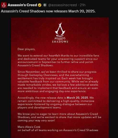 & Assassin's Creed @as Assassin's Creed Shadows now releases March 20 ...