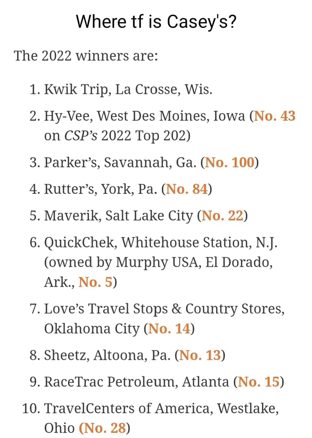 Where tf is Casey's? The 2022 winners are: (op e) . Kwik Trip, La ...