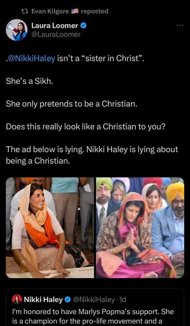 Evan Kilgore reposted Laura Loomer @ @LauraLoomer .@NikkiHaley isn't a ...