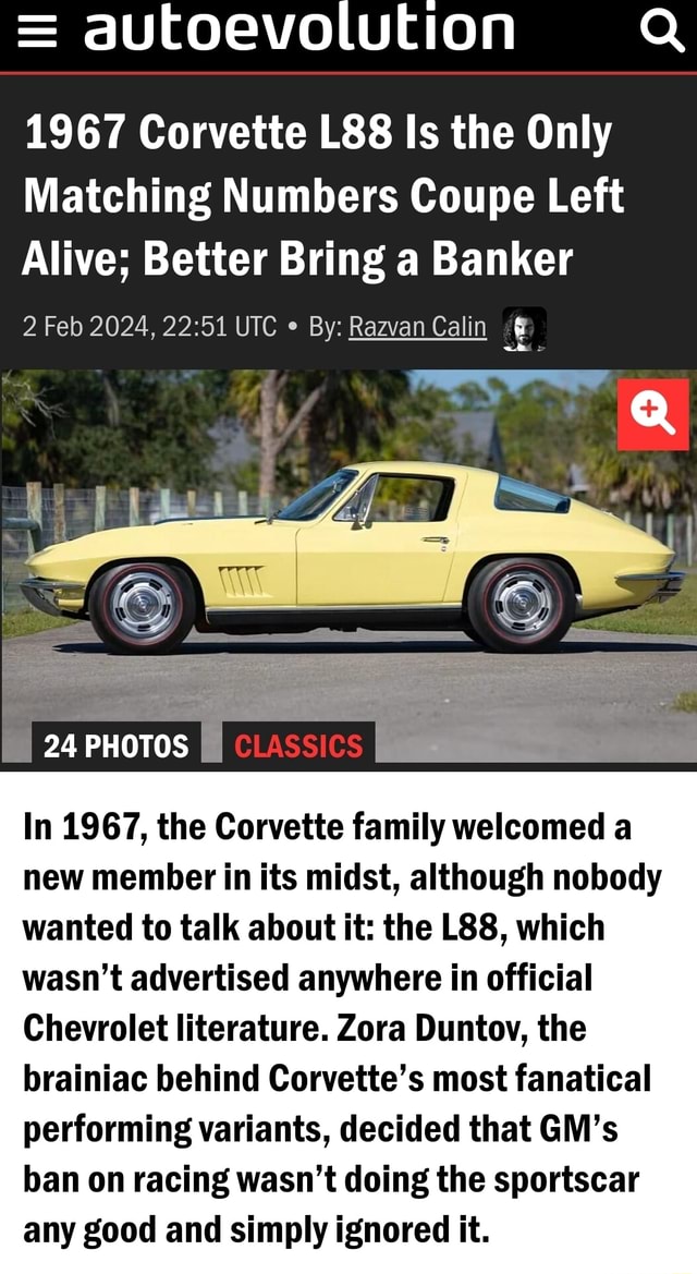 = autoevolution 1967 Corvette Is the Only Matching Numbers Coupe Left ...